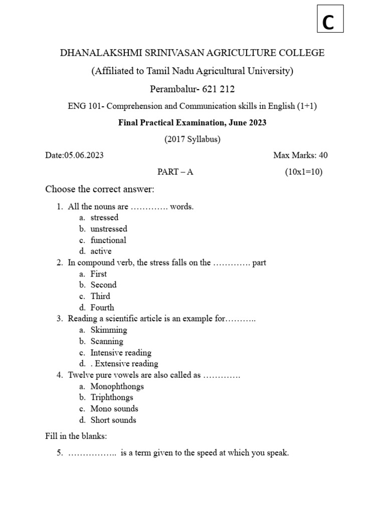 ENG 101 Exam: Comprehension Skills | PDF | Teaching Methods & Materials