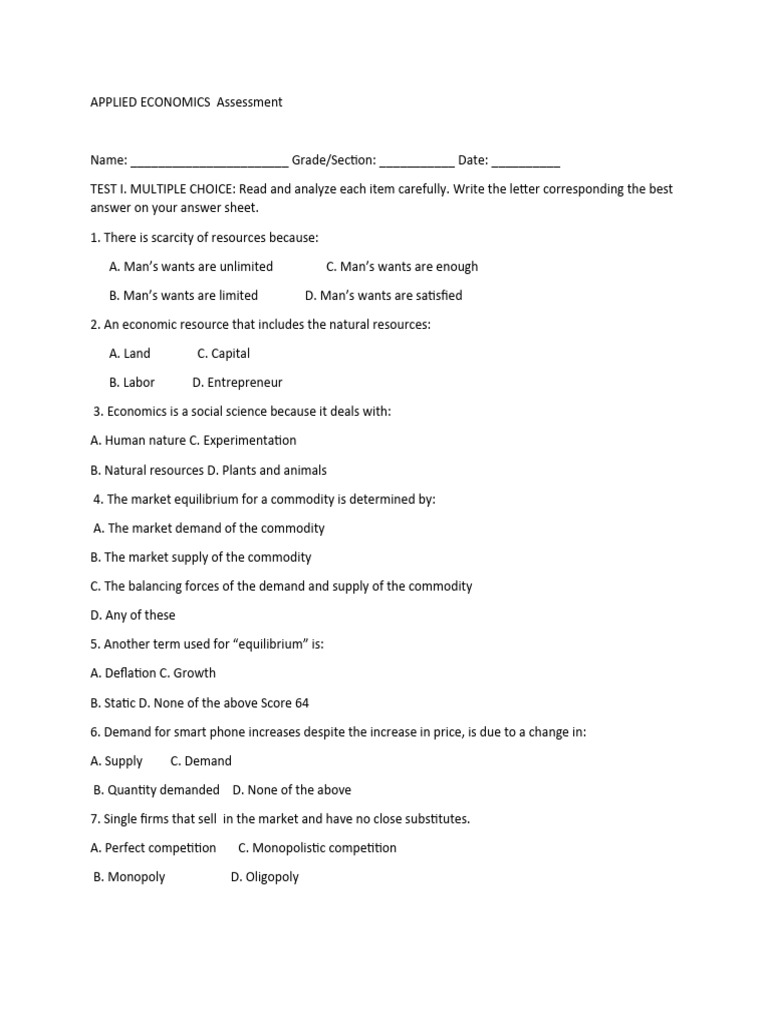 Applied Economics Test Guide | PDF | Demand | Demand Curve