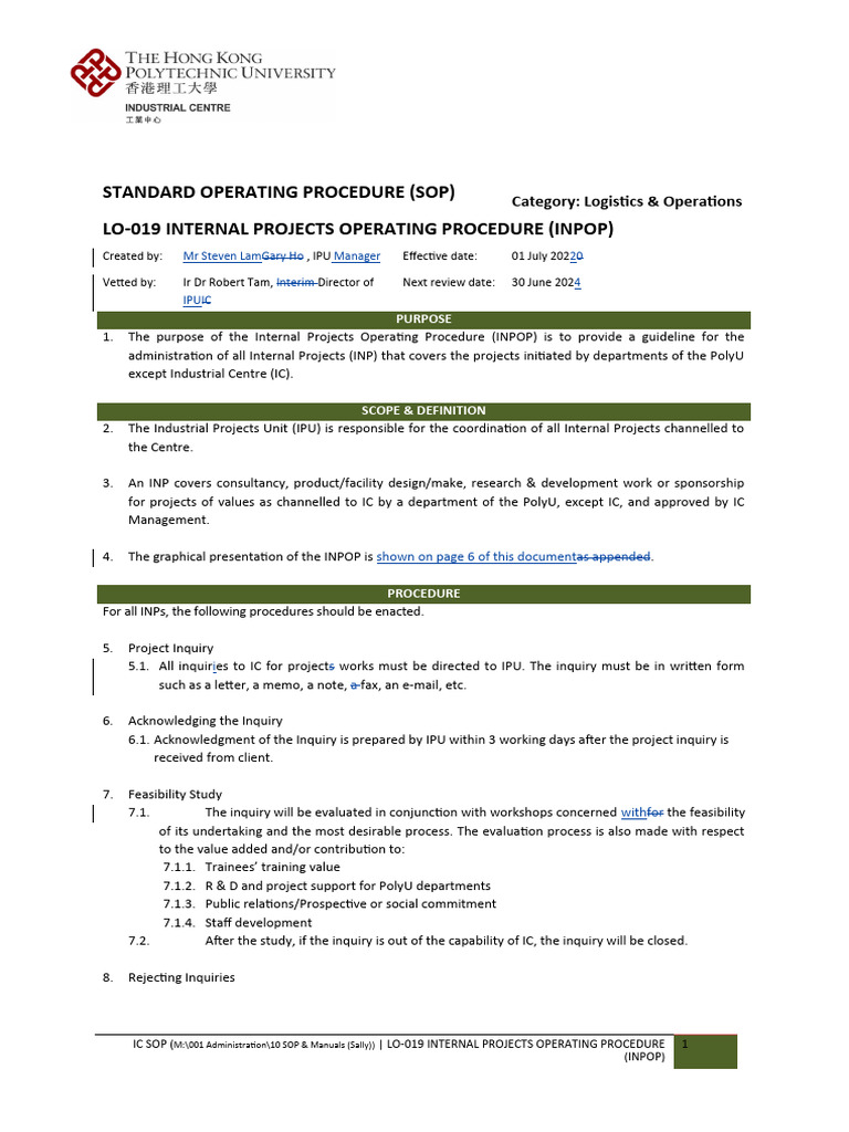 SOP LO-019 Internal Projects Operating Procedure | PDF | Machining | Payments