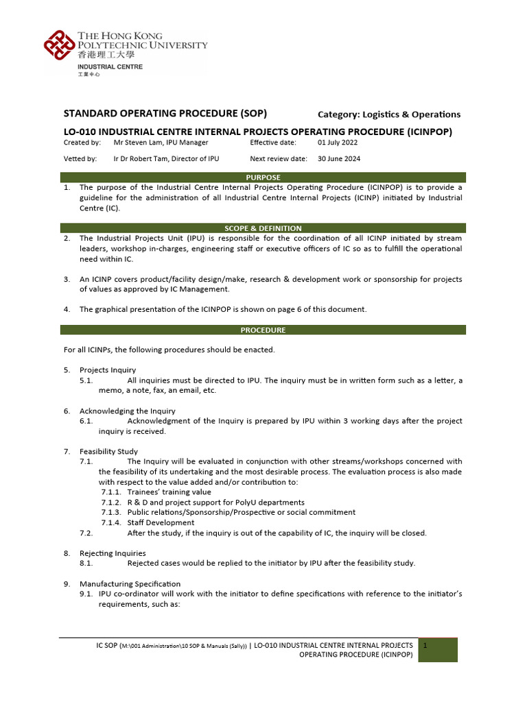 SOP LO-010 Industrial Centre Internal Projects Operating Procedure ...
