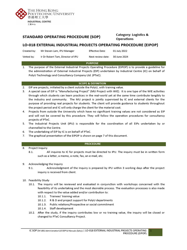 SOP LO-018 External Industrial Projects Operating Procedure | PDF
