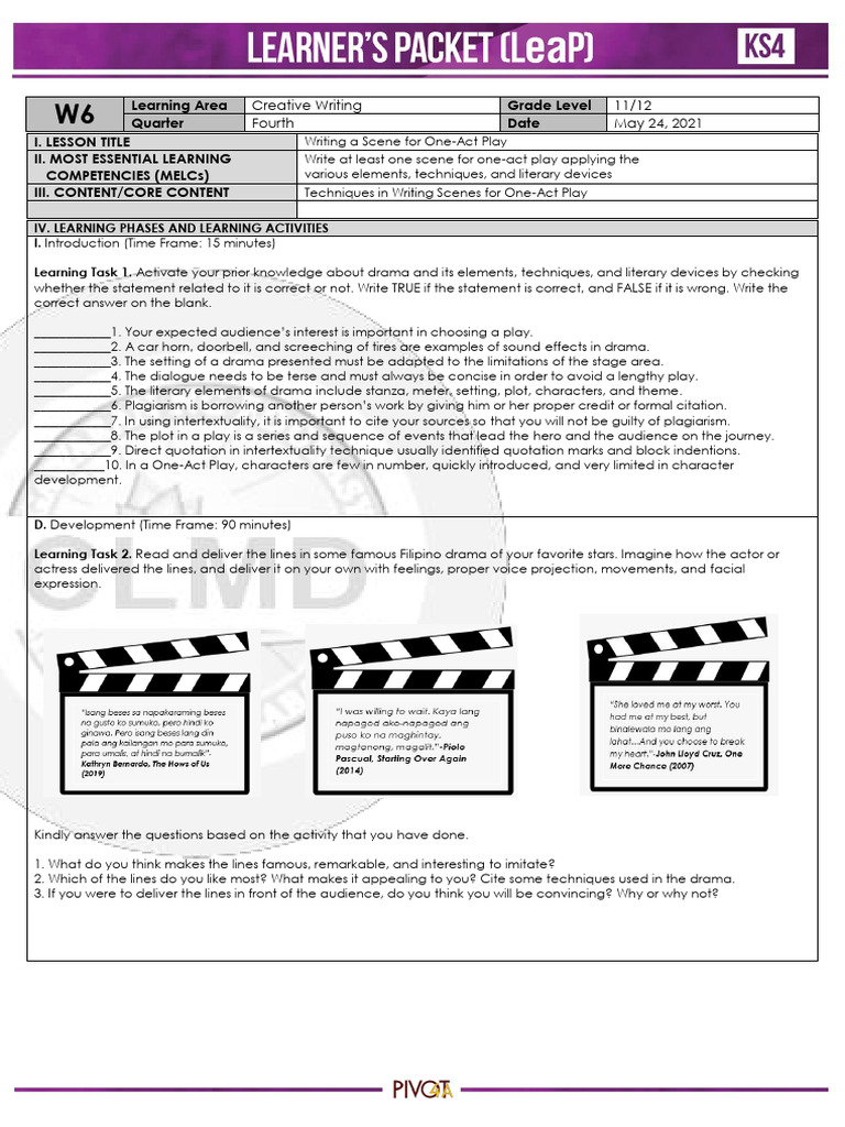 Q4 HUMSS Creative Writing 12 Week6 | PDF | Play (Theatre) | Plot (Narrative)