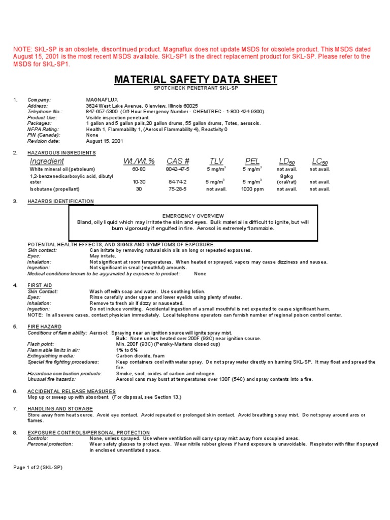 SKL-SP Spotcheck Penetrant MSDS | PDF | Fires | Flammability