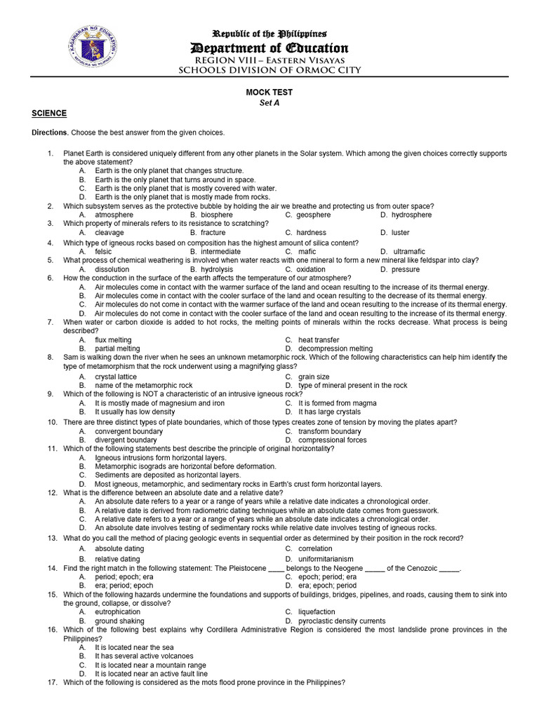 MOCK TEST Set A | Download Free PDF | Chemical Bond | Rock (Geology)