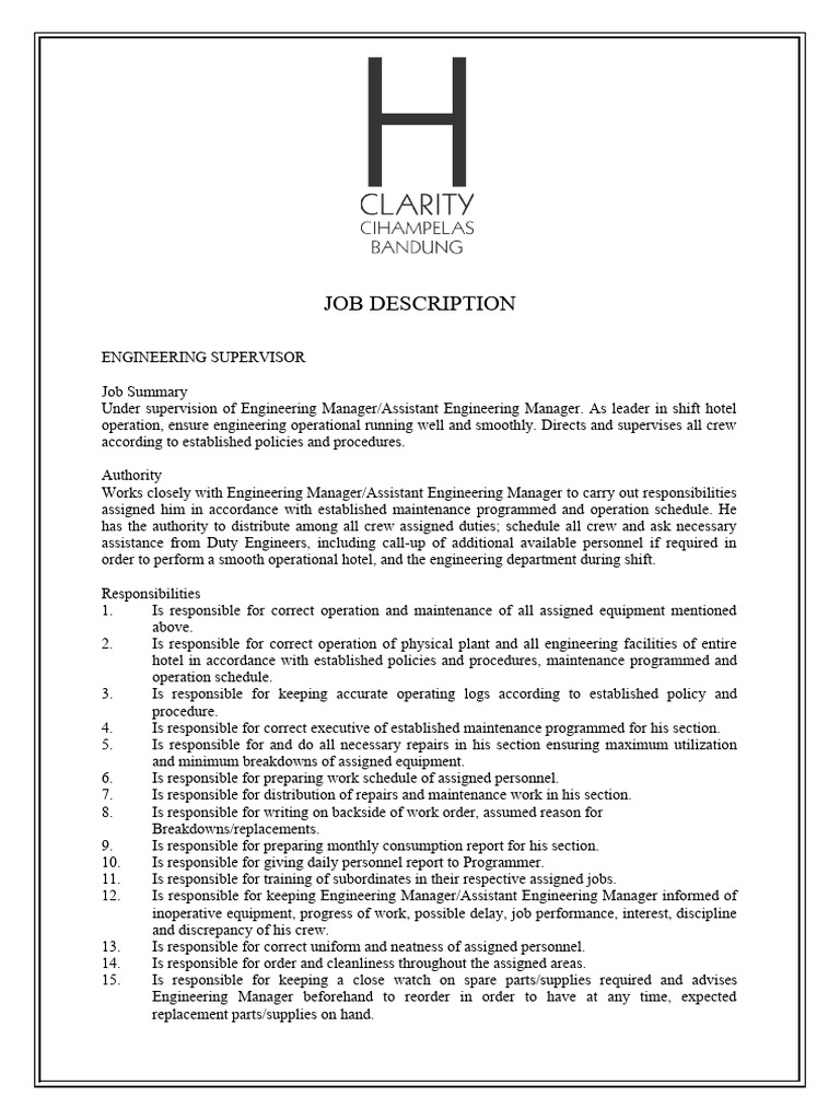 Engineering Supervisor Job Description | PDF | Technology & Engineering