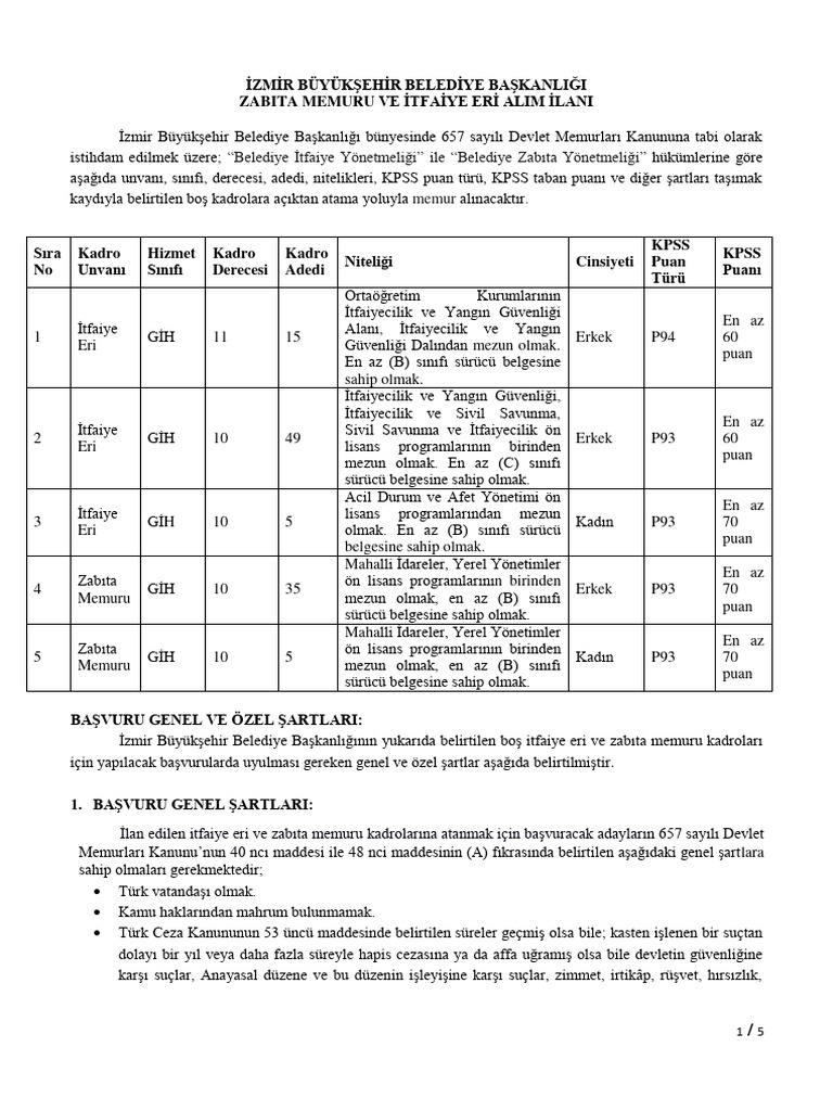 İtfaiye Eri Ve Zabıta Memuru Alım İlanı 1 | PDF
