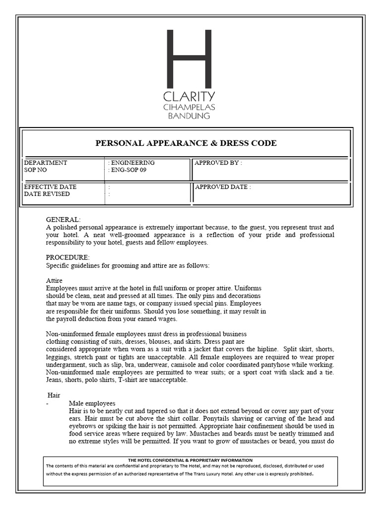 ENG - SOP 09 Personal Appearance & Dress Code | PDF | Clothing | Dress