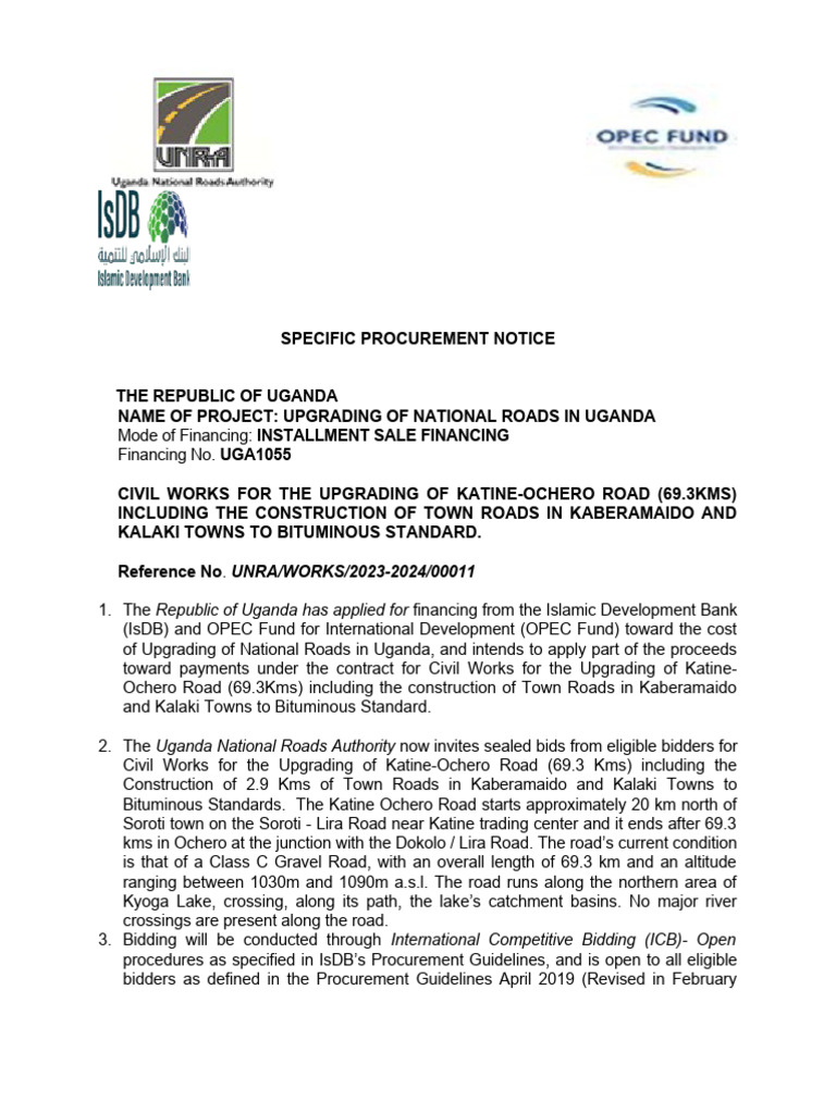 Katine-Ochero Road Upgrade Bid Notice | PDF