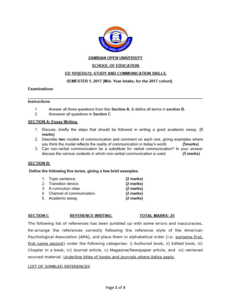 Ea 101 (Edg 1) Examination Zaou Nov 2017 Mid-Year | PDF | Communication | Refugee