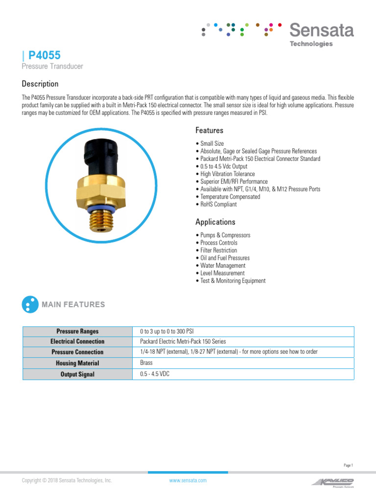 Sensata p4055 Pressure Transducer Datasheet | PDF | Pressure ...