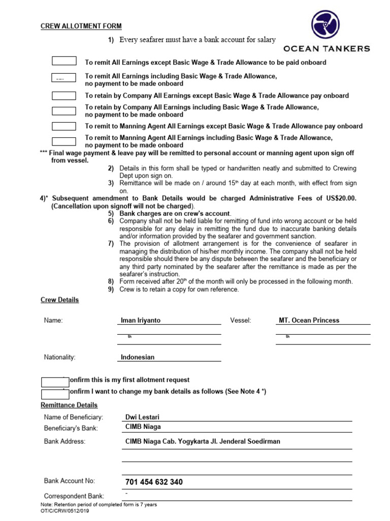 019 - Crew Allotment Form | PDF | Remittance | Wage