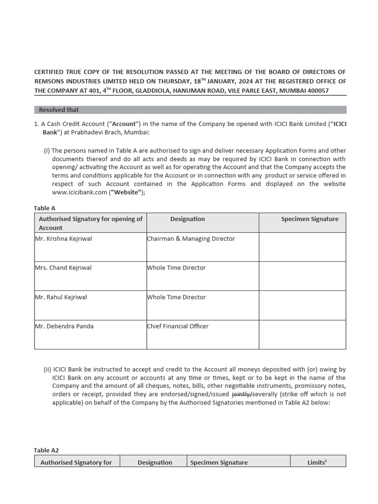 Board Resolutions Format - PVT LTD | PDF | Banks | Negotiable Instrument
