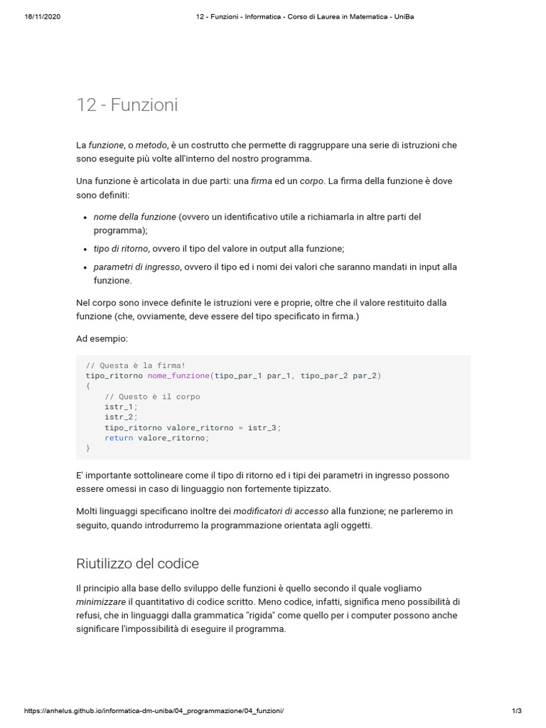12 - Funzioni - Informatica - Corso di Laurea in Matematica - UniBa | PDF