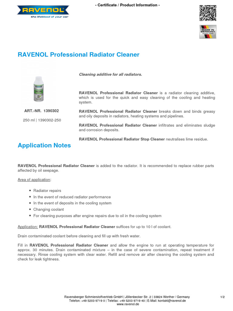 RAVENOL Professional Radiator Cleaner: Cleaning Additive For All ...