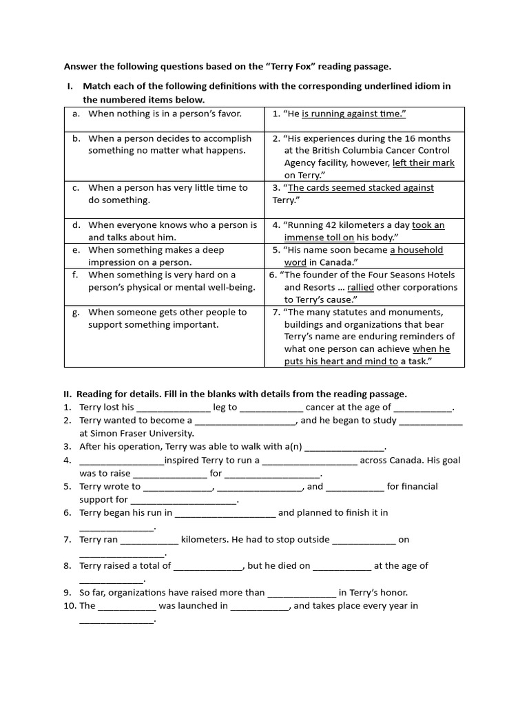 Comprehension Questions - Terry Fox | PDF