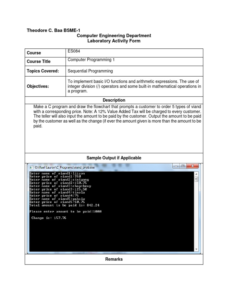Activity 4, BAA-BSME1 | PDF | Computer Program | Programming