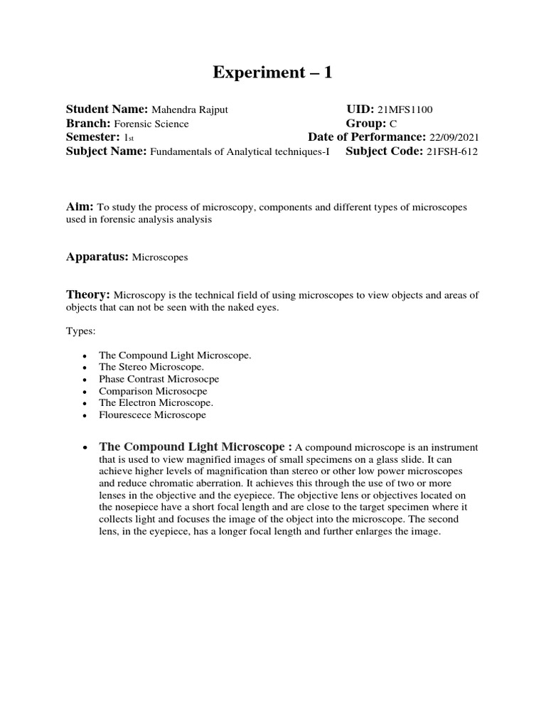 Analytical Lab Experiment 1 | PDF | Electron Microscope | Microscopy