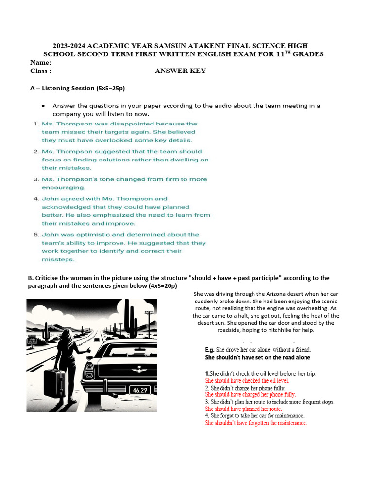 11th Grade English Exam Key | PDF