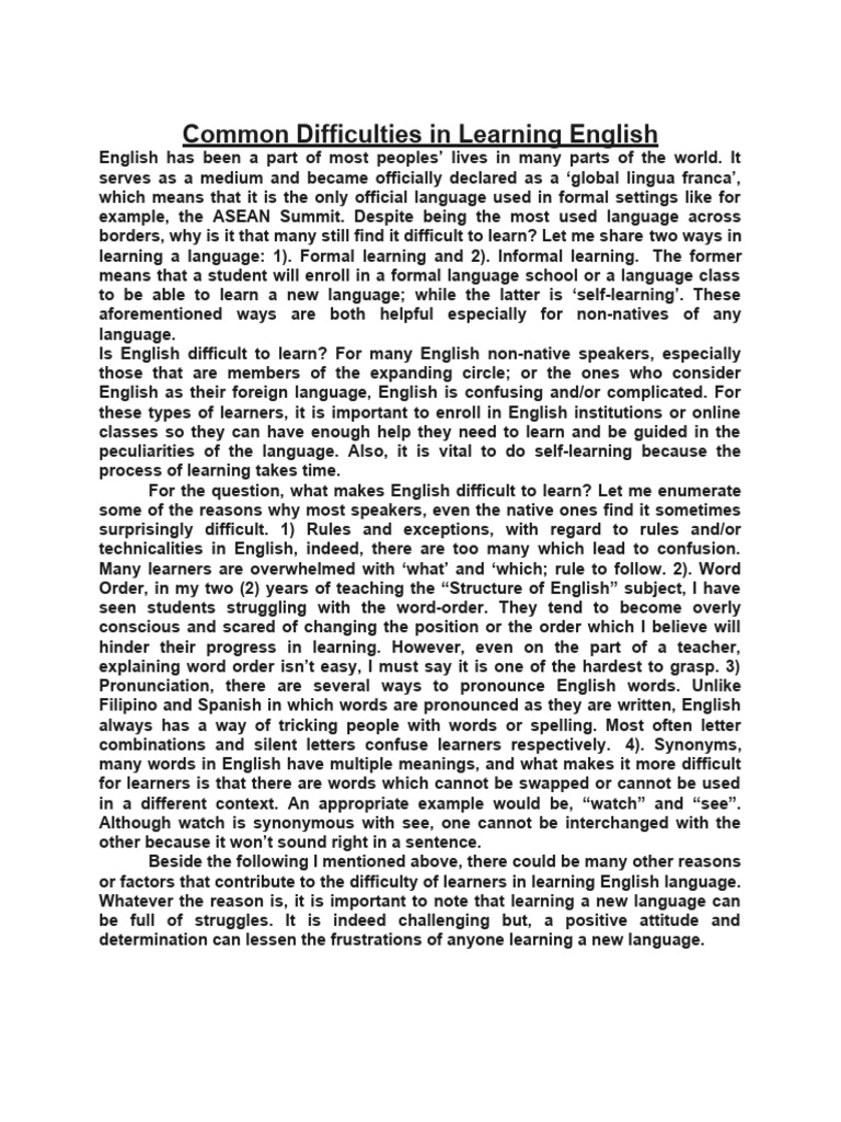 Common Difficulties in Learning English | Download Free PDF | English ...