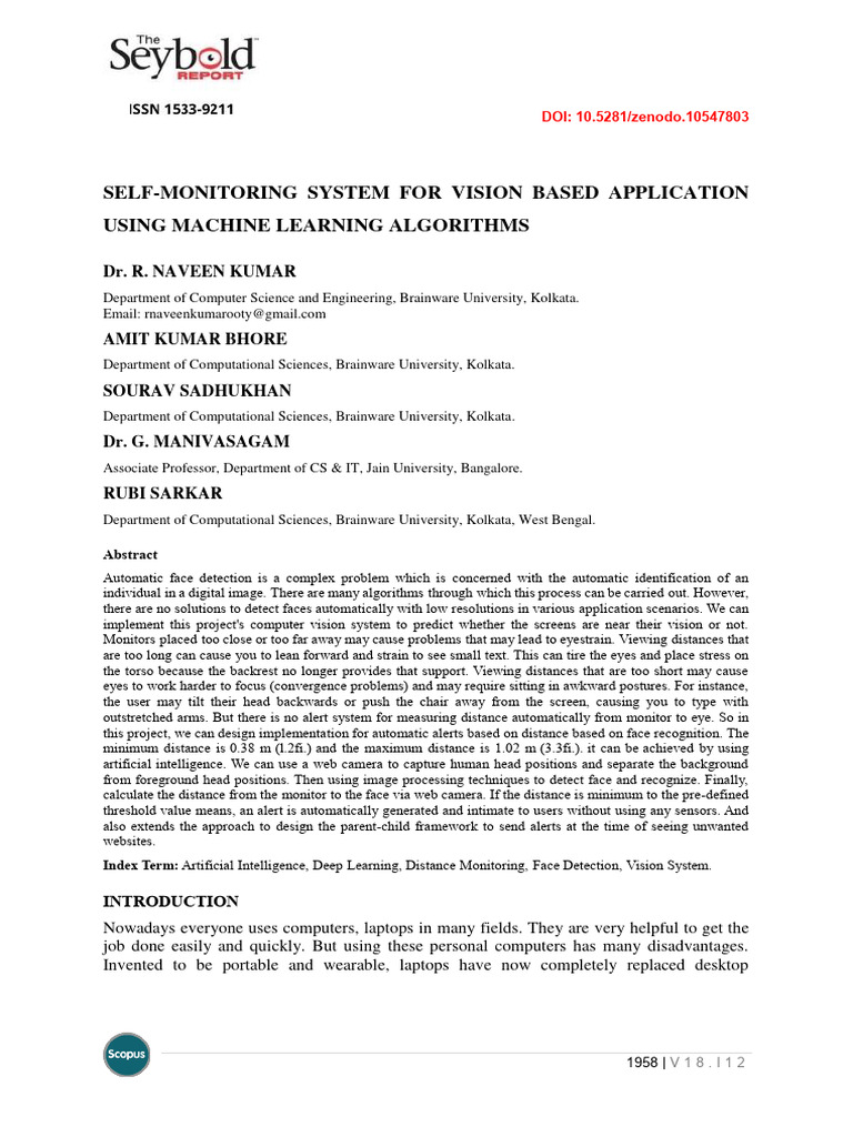 Self-Monitoring System For Vision Based Application Using Machine Learning Algorithms | PDF