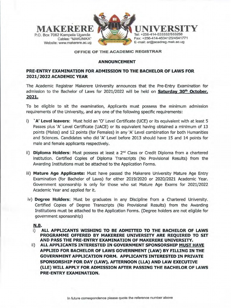 Makerere University Law Pre-Entry Exam 2021 | PDF | Academic Degree | Diploma