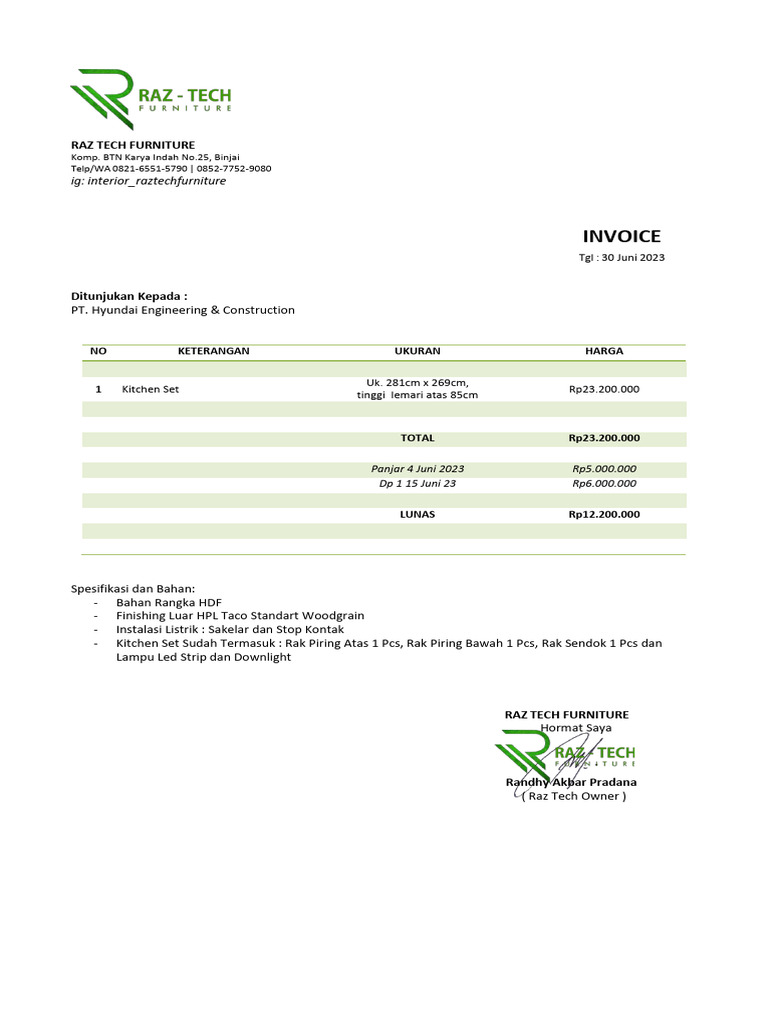 INVOICE - PT. Hyundai Engineering & Construction (Kitchen Set) | PDF
