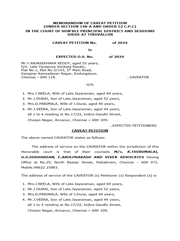 RSR Caveat Tiruvallur | PDF | Legal Procedure | Common Law