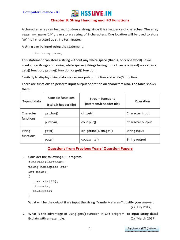 HSSLive-XI-CS1 - Chap9 - String Handling and IO Functions | PDF | String (Computer Science ...