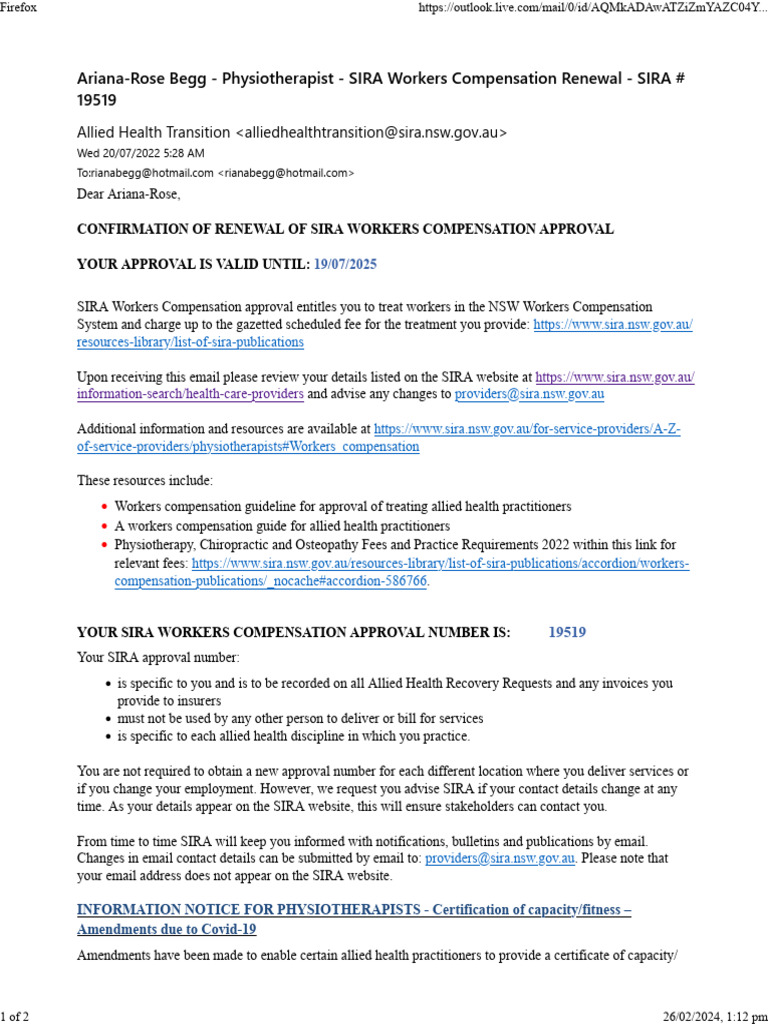 SIRA Number | PDF | Physical Therapy | Health Care