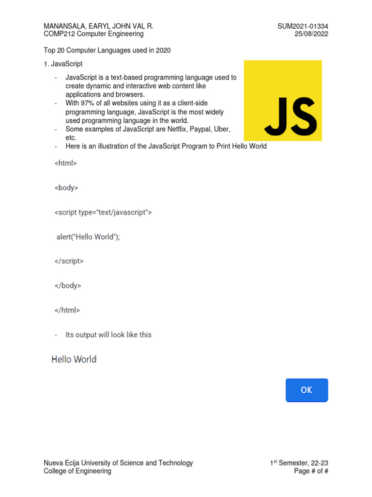 NEUST COMP212 CE2# SW1 Manansala EarylJohn SUM2021-01334 (2F) | PDF | Html | Html5