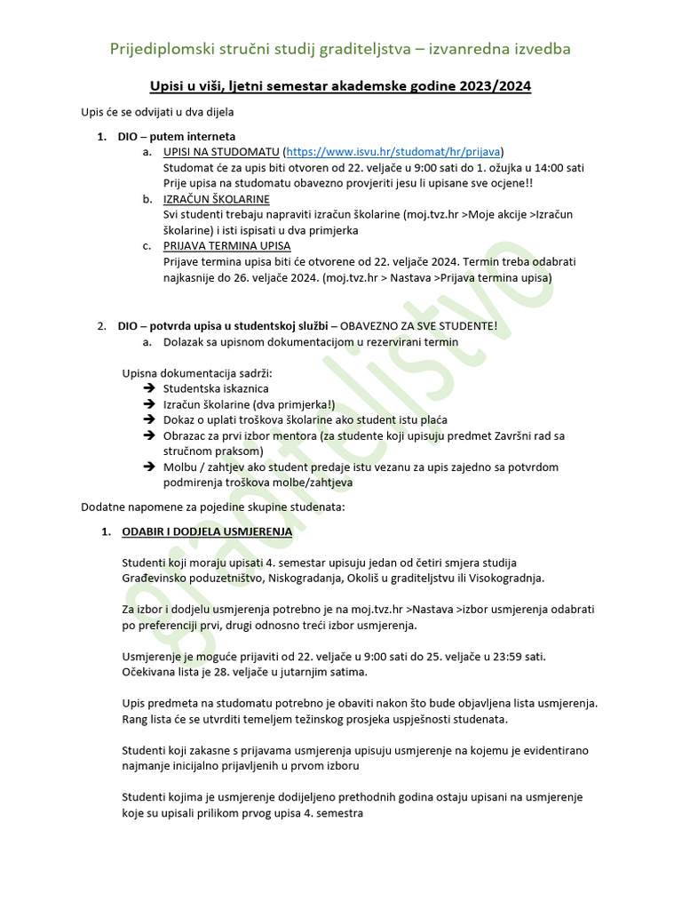 Obavijest Upisi Ljetni 2023 - 24 Graditeljstvo - Izvanredni | PDF