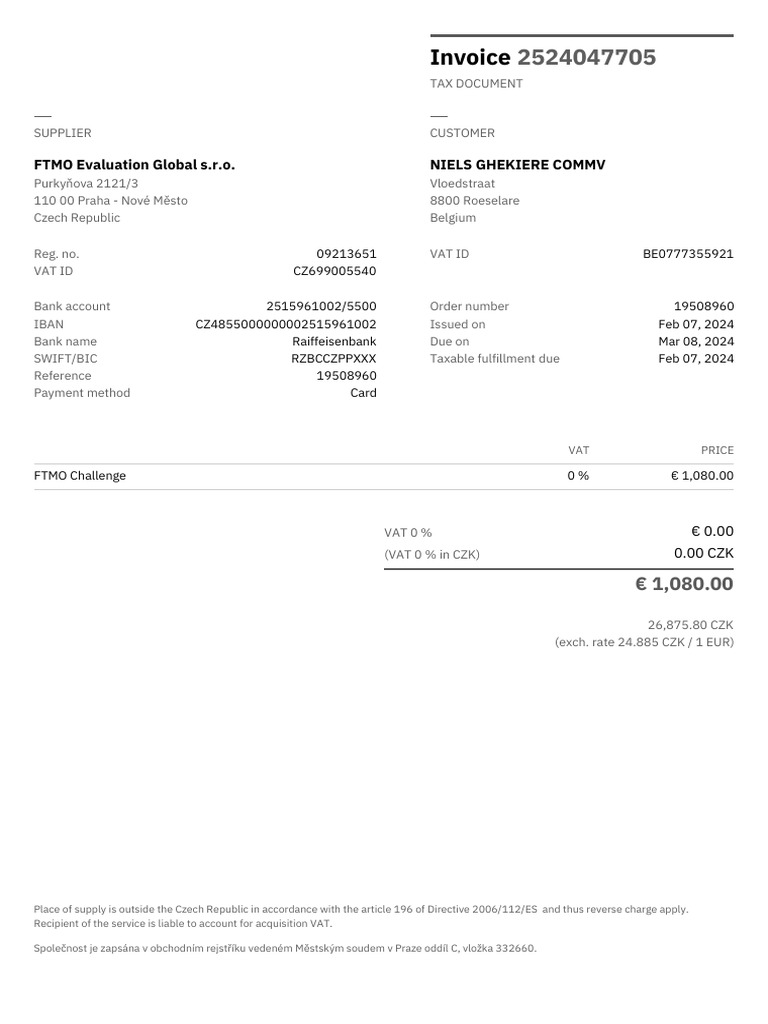 Invoice for FTMO Challenge Payment | PDF
