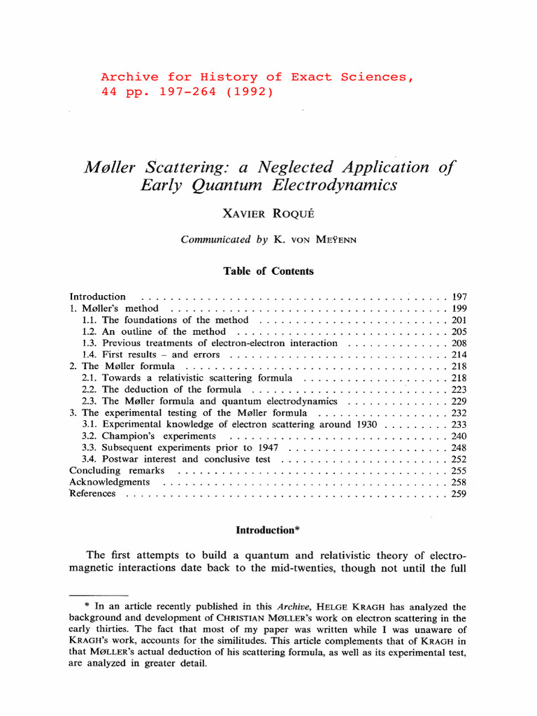 Moller Scattering. A Neglected Application of Early Quantum Electrodynamics (1992) - Roqué | PDF ...