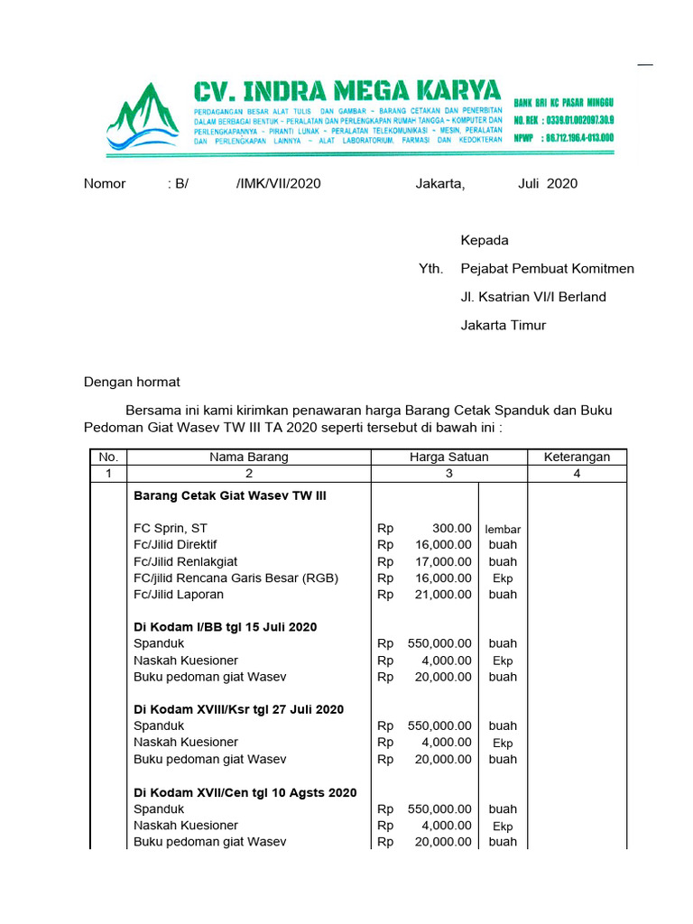 Surat Penawaran Rekanan | PDF