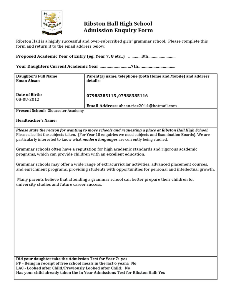 Admission Enquiry Form RHHS.277637579 | PDF