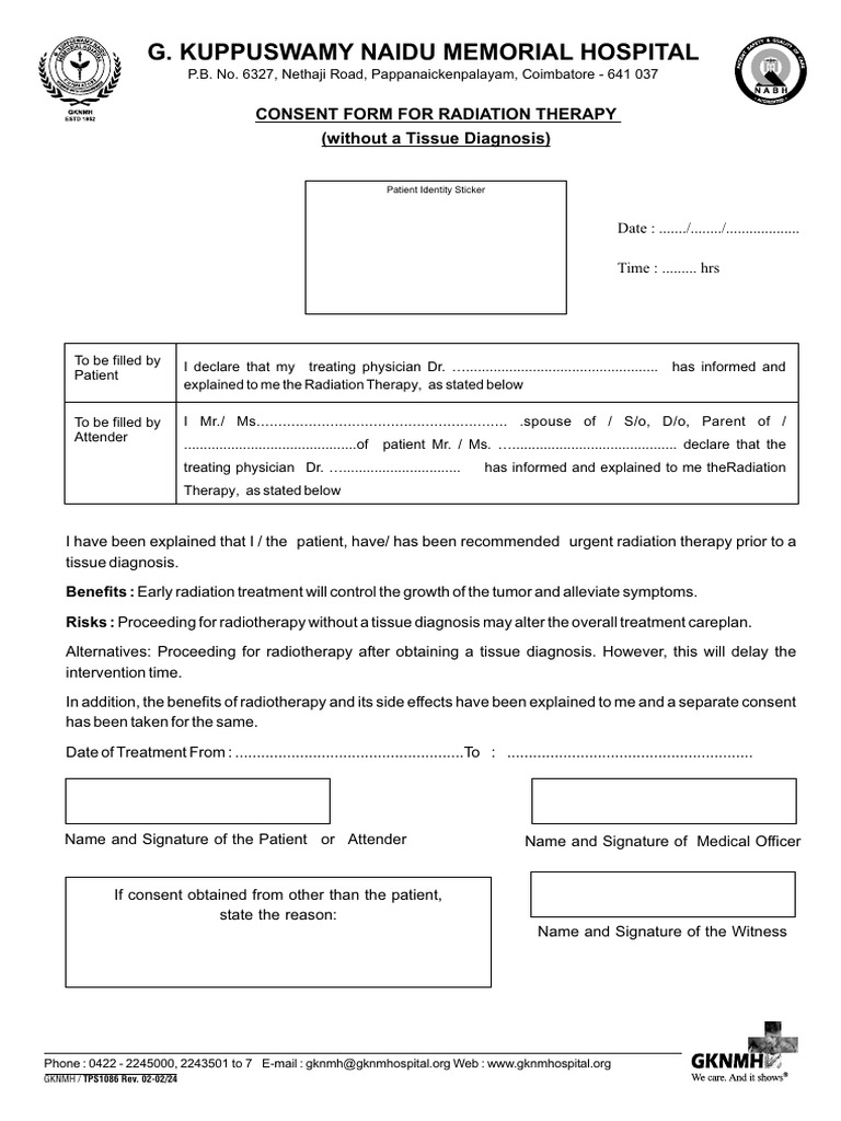TPS1086 - Consent Form For Radiation Therapy (Without Tissue Biopsy) | PDF