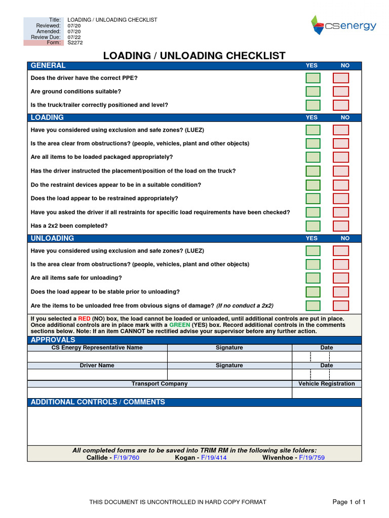 Loading Unloading Checklist (07 20) - CS Energy Registered | PDF | Vehicles | Transport