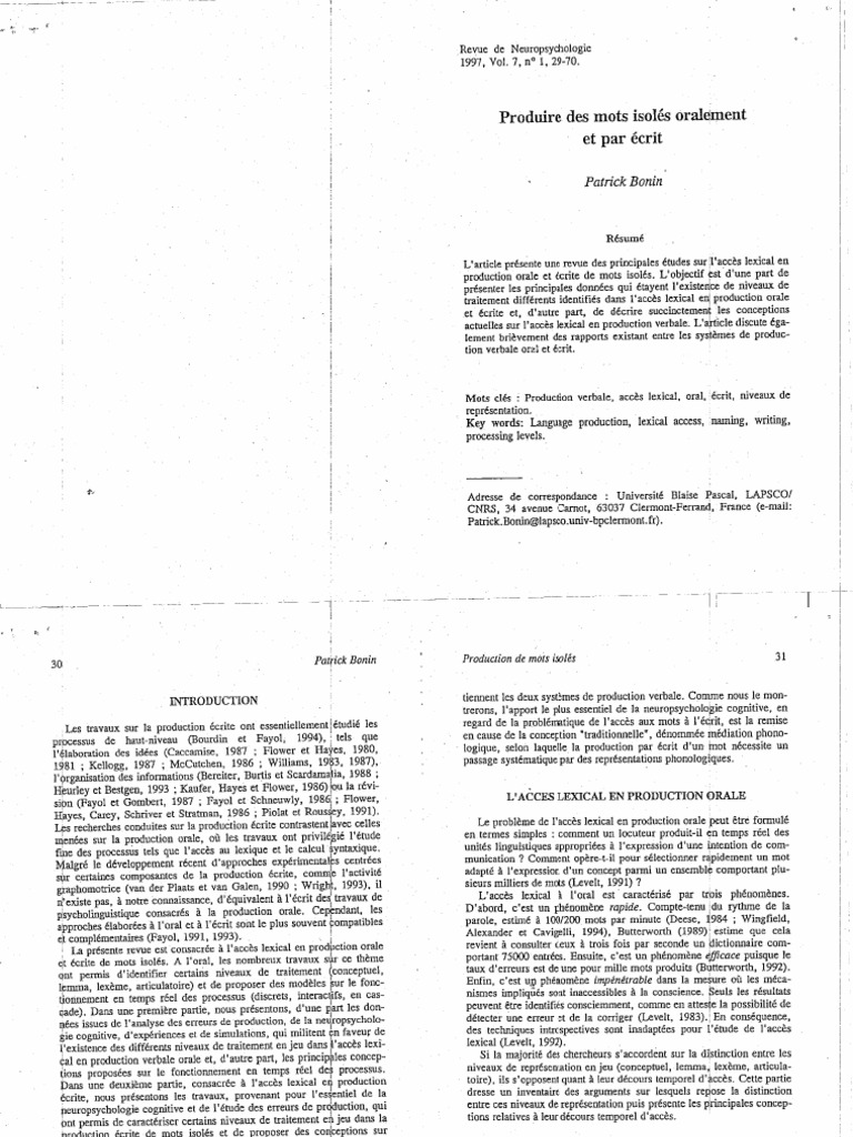 Bonin-1997-Revue de Neuropsychologie | PDF