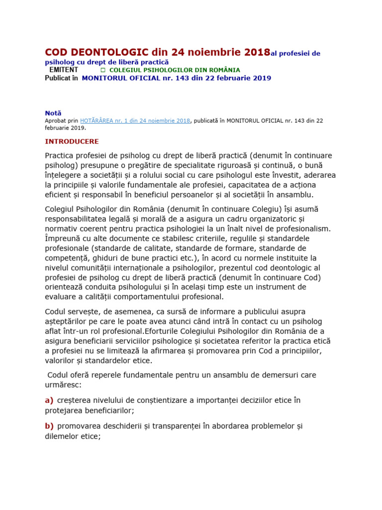 COD DEONTOLOGIC Din 24 Noiembrie 2018al Profesiei de Psiholog Cu Drept de Liberă Practică | PDF