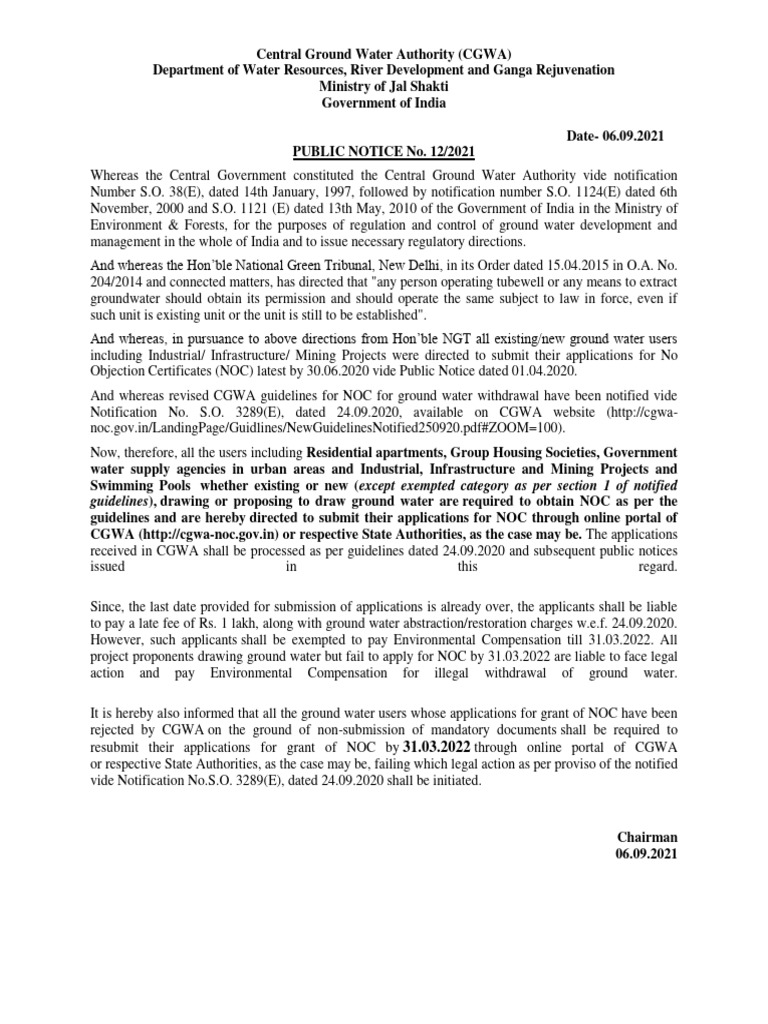 CGWA Guidelines For NOC For Ground Water Withdrawal | Download Free PDF ...