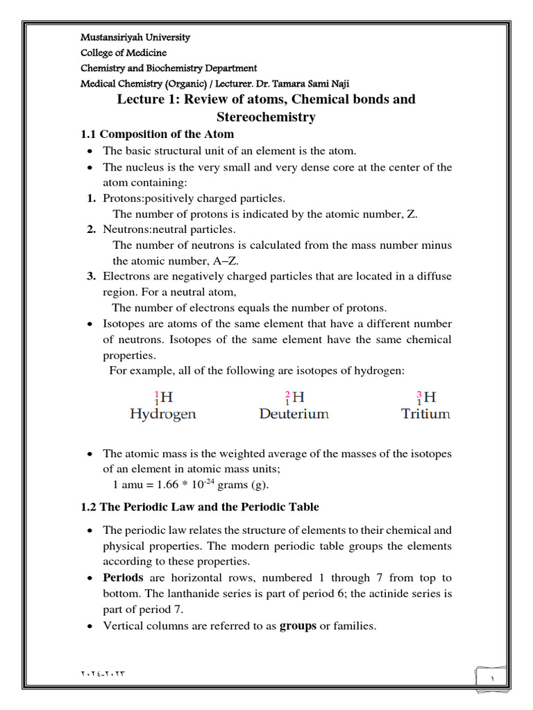 Lecture 1 Review of Atoms, Chemical Bonds and Stereochemistry | PDF ...