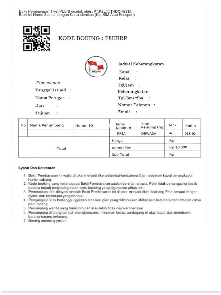 Tiket Kapal Pelni: Contoh dan Kode Booking | PDF