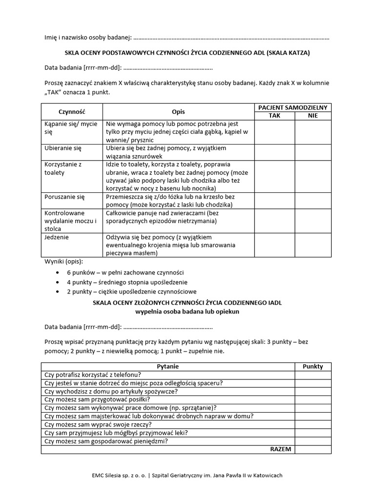 0633 Skala Oceny Podstawowych Czynnosci Zycia Codziennego Adl Skala ...