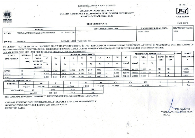 10mm vizag Tmt bar Test report - AG ISPAT | PDF