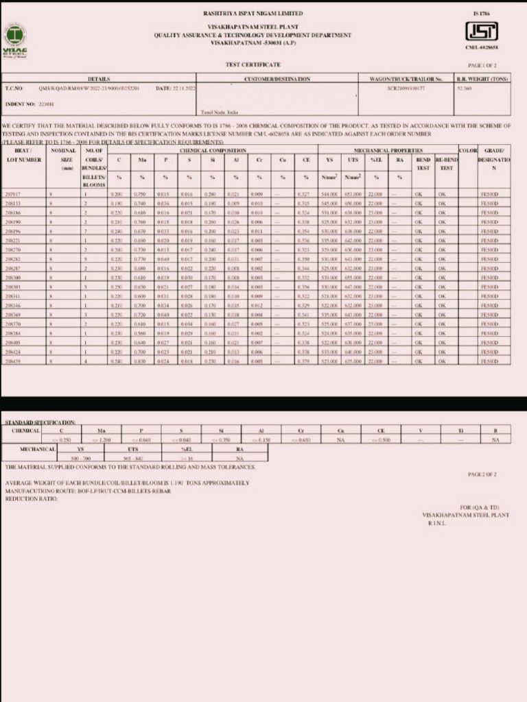 08MM Vizag TMT Test Report - AG ISPAT | PDF