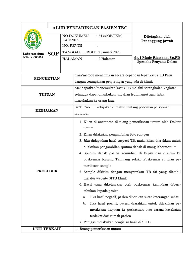 SOP ALur Penjaringan Pasien TBC | PDF