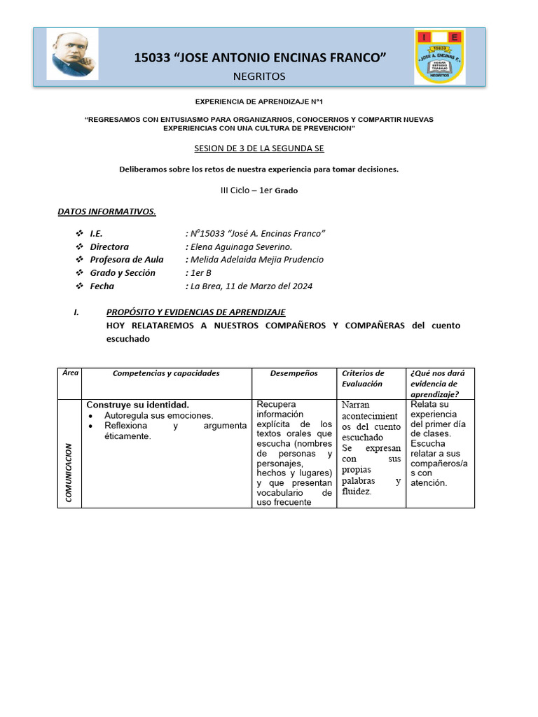 Experiencia de Aprendizaje en 1er Grado | PDF