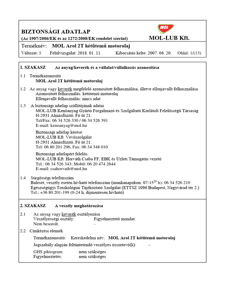 MSDS - MOL Arol 2T - HU | PDF