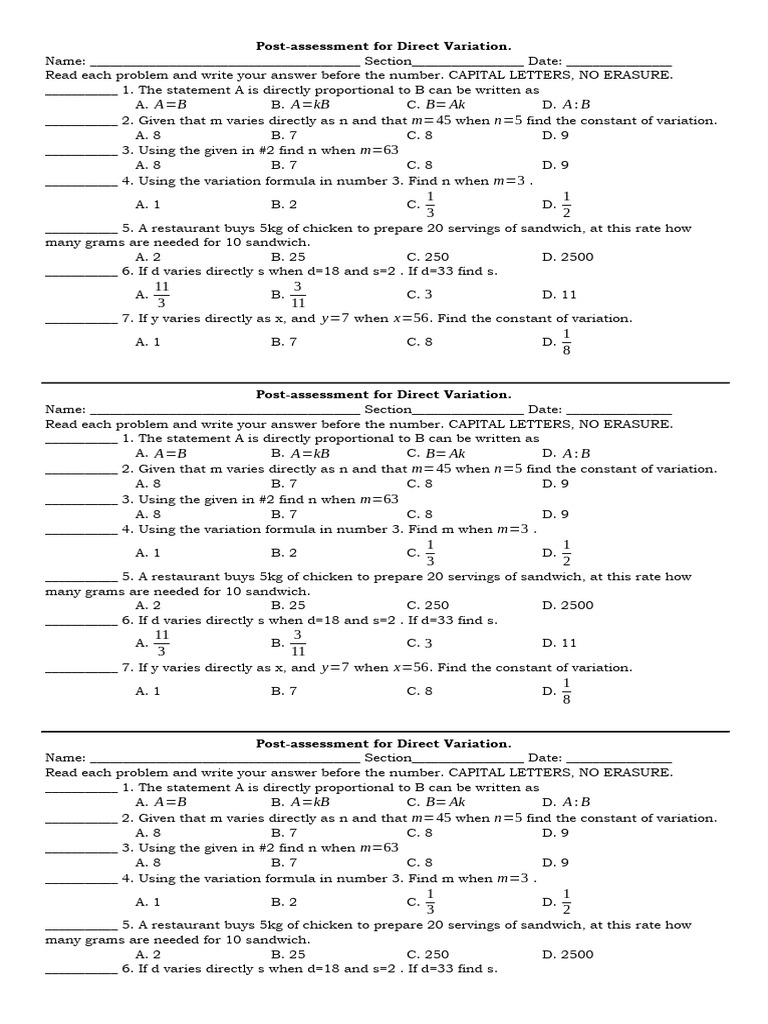 Quiz Assessment Direct Variation | PDF | Teaching Methods & Materials