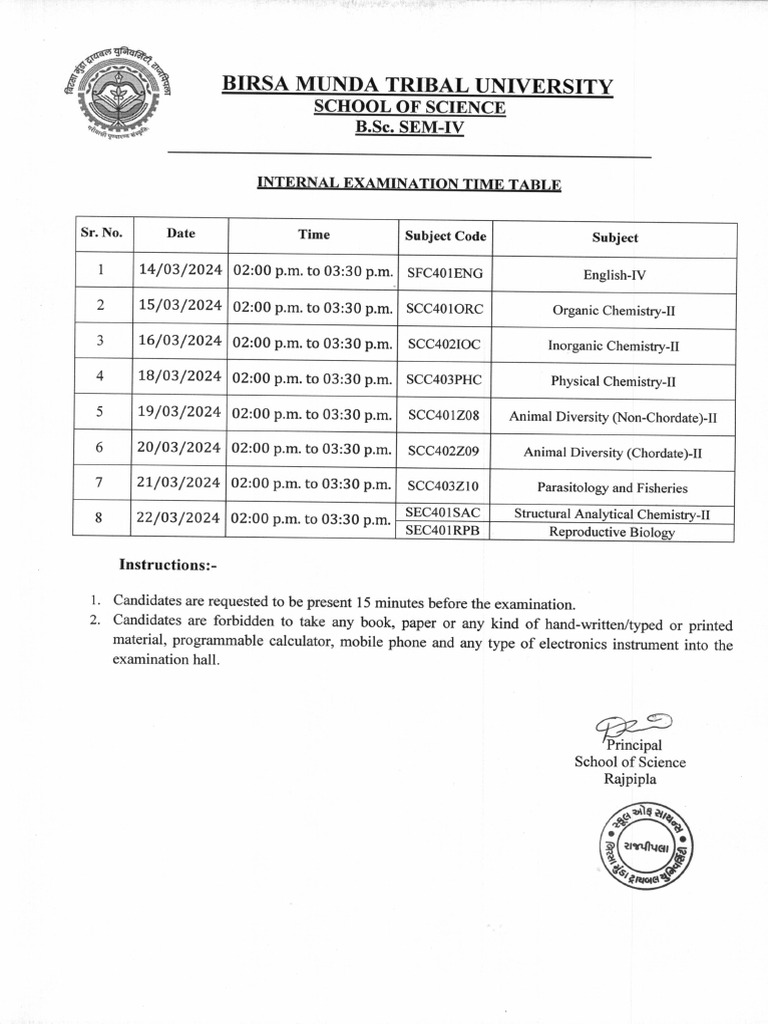 B.Sc. Sem-4 Exam Time Table New | PDF